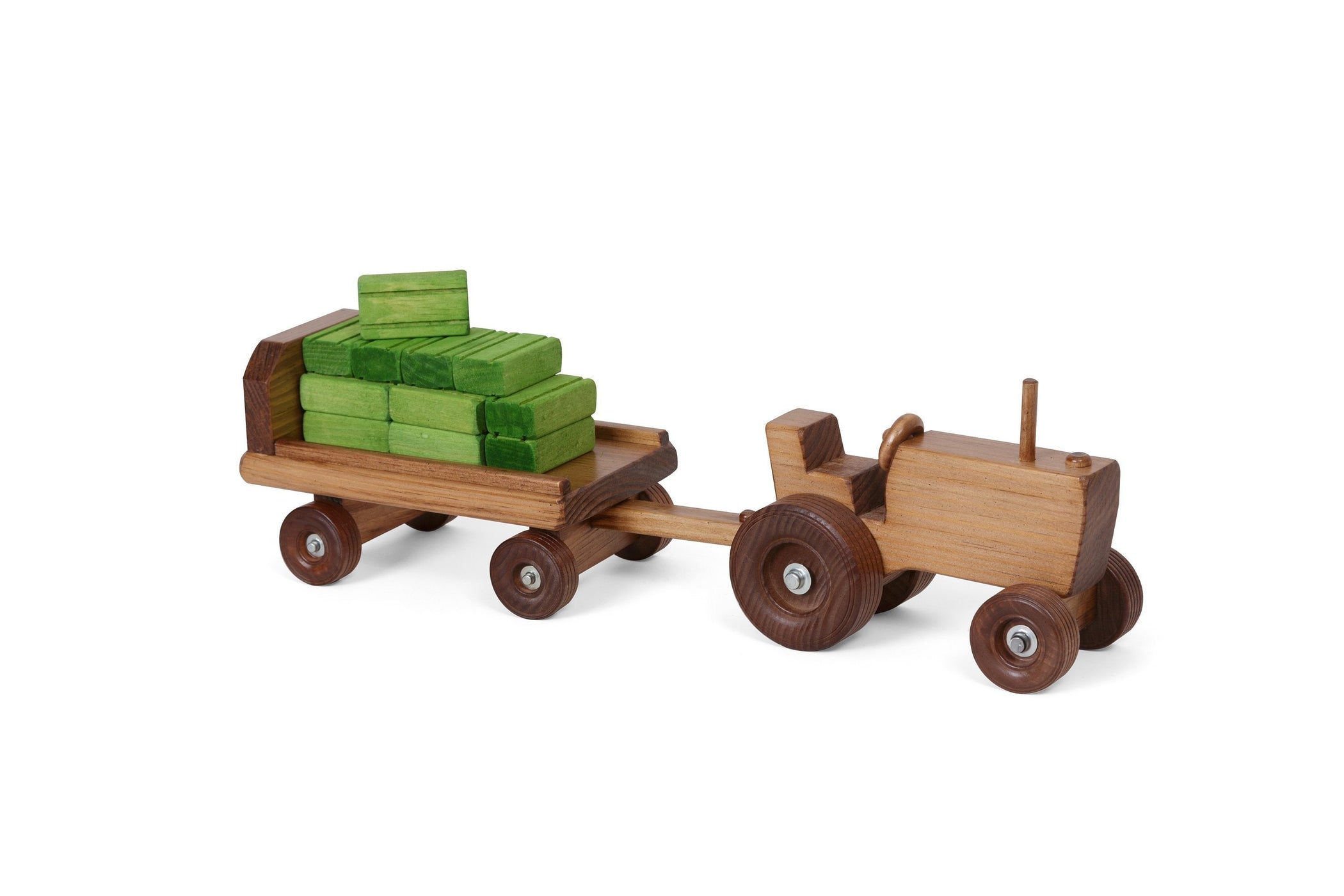 Amish-Made Wooden Toy Tractor and Wagon Set with Hay Bales — BuyAmerican