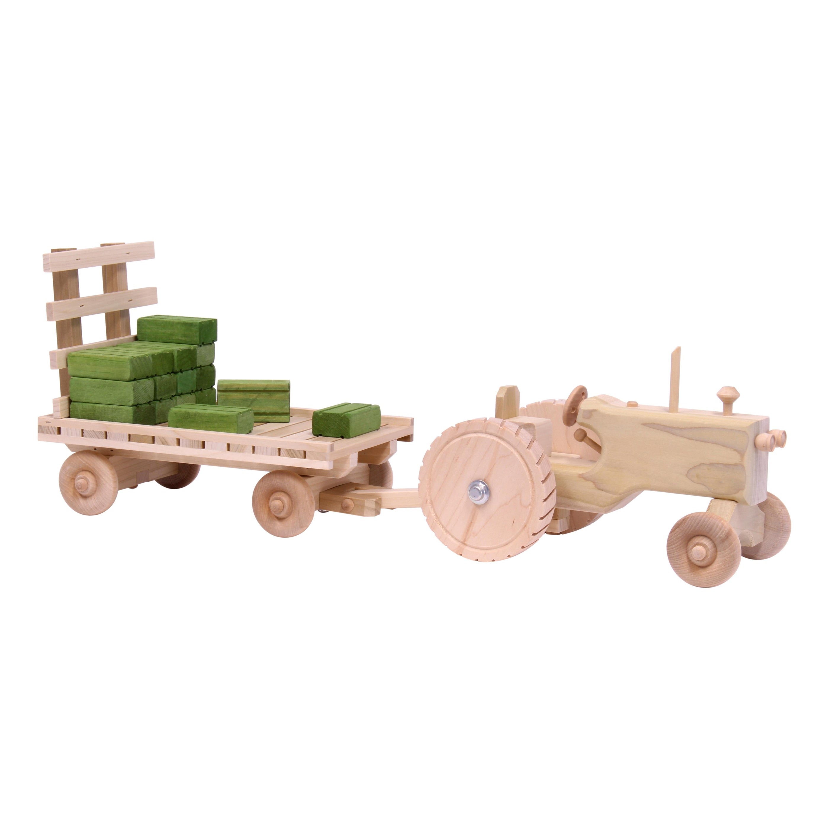 Amish-Made Wooden Toy Tractor & Hay Wagon Set with Hay Bales — BuyAmerican