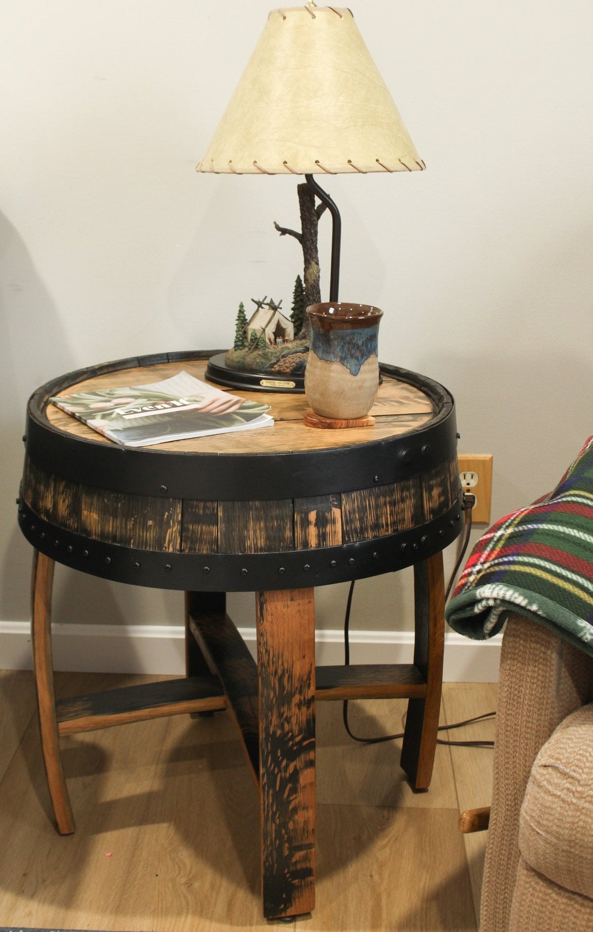 Amish-Made Rustic Barrel-Top End Table, Reclaimed Whiskey Barrel Table ...