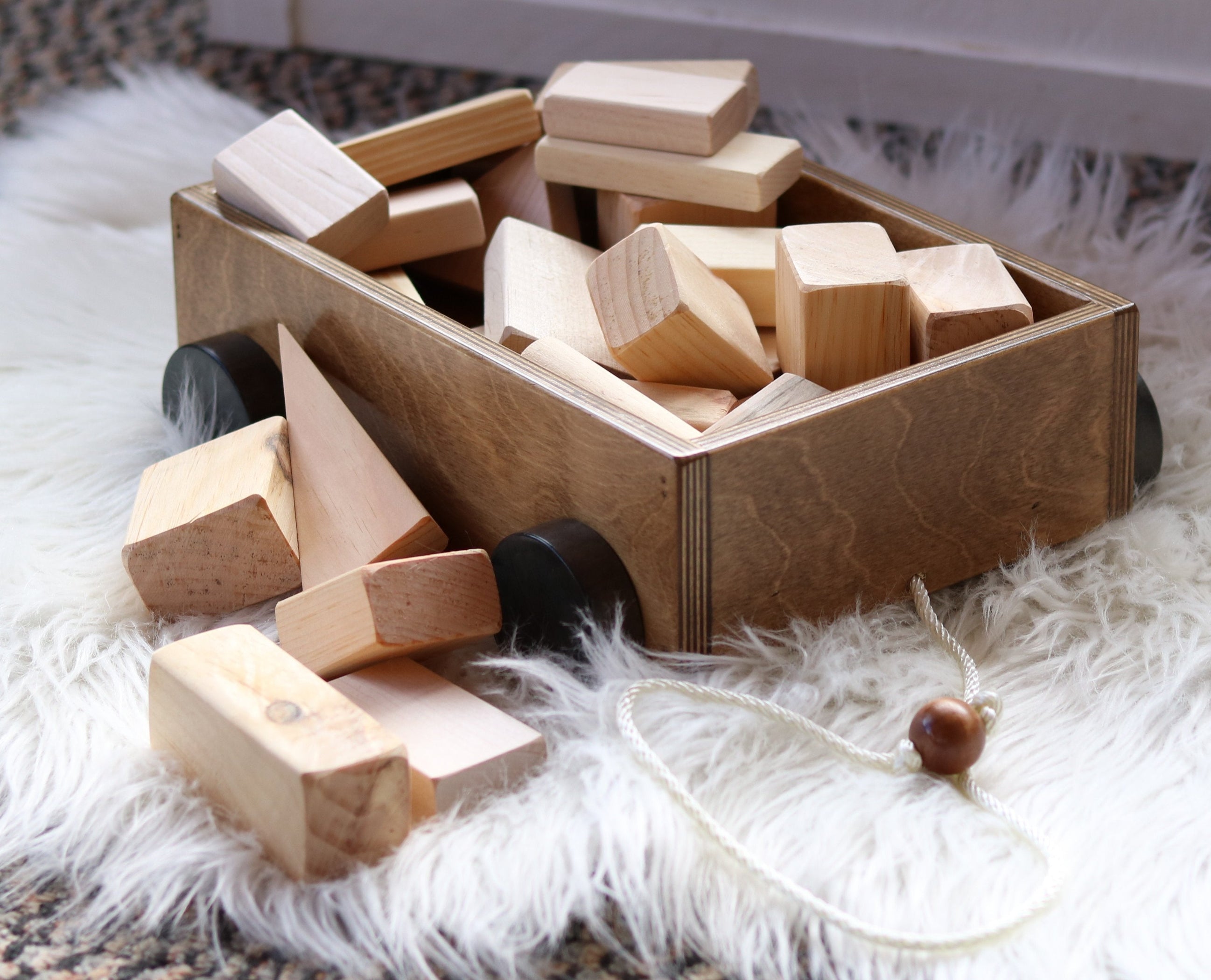 Amish-Made Wooden Toddler Pull Wagon Toy with Wood Building Blocks ...