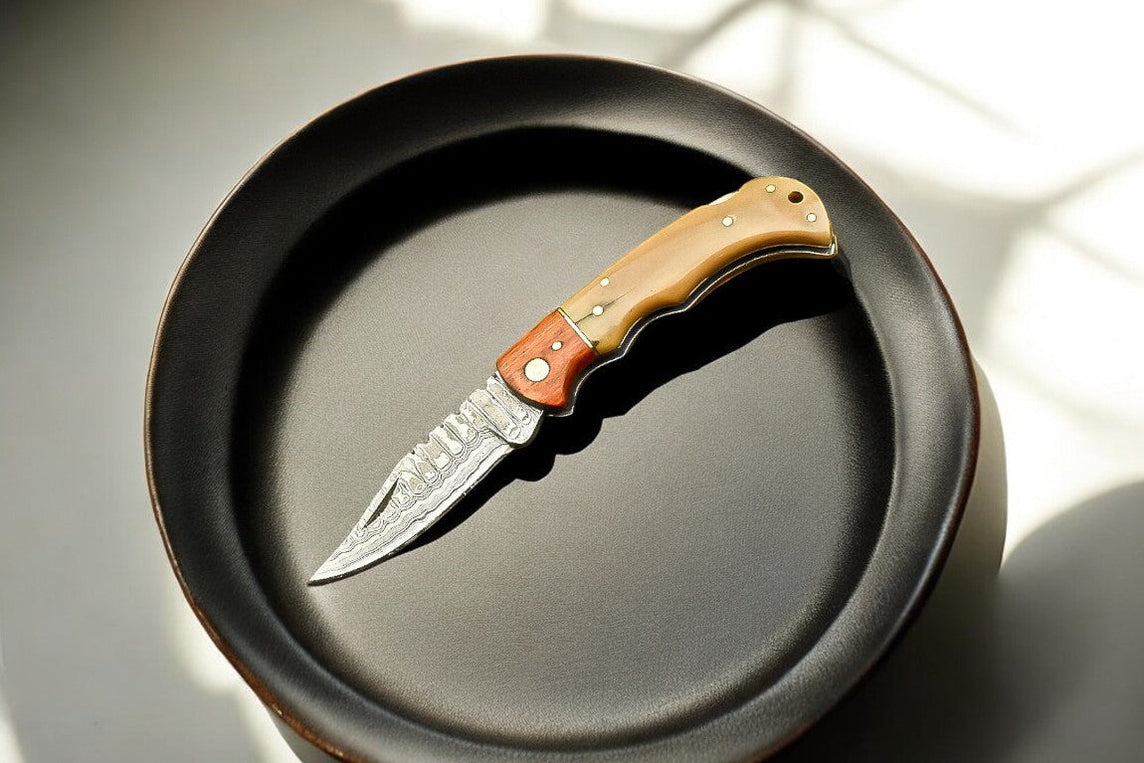 Handmade Damascus Pocket Knife with Bone Handle – 3" Blade — BuyAmerican